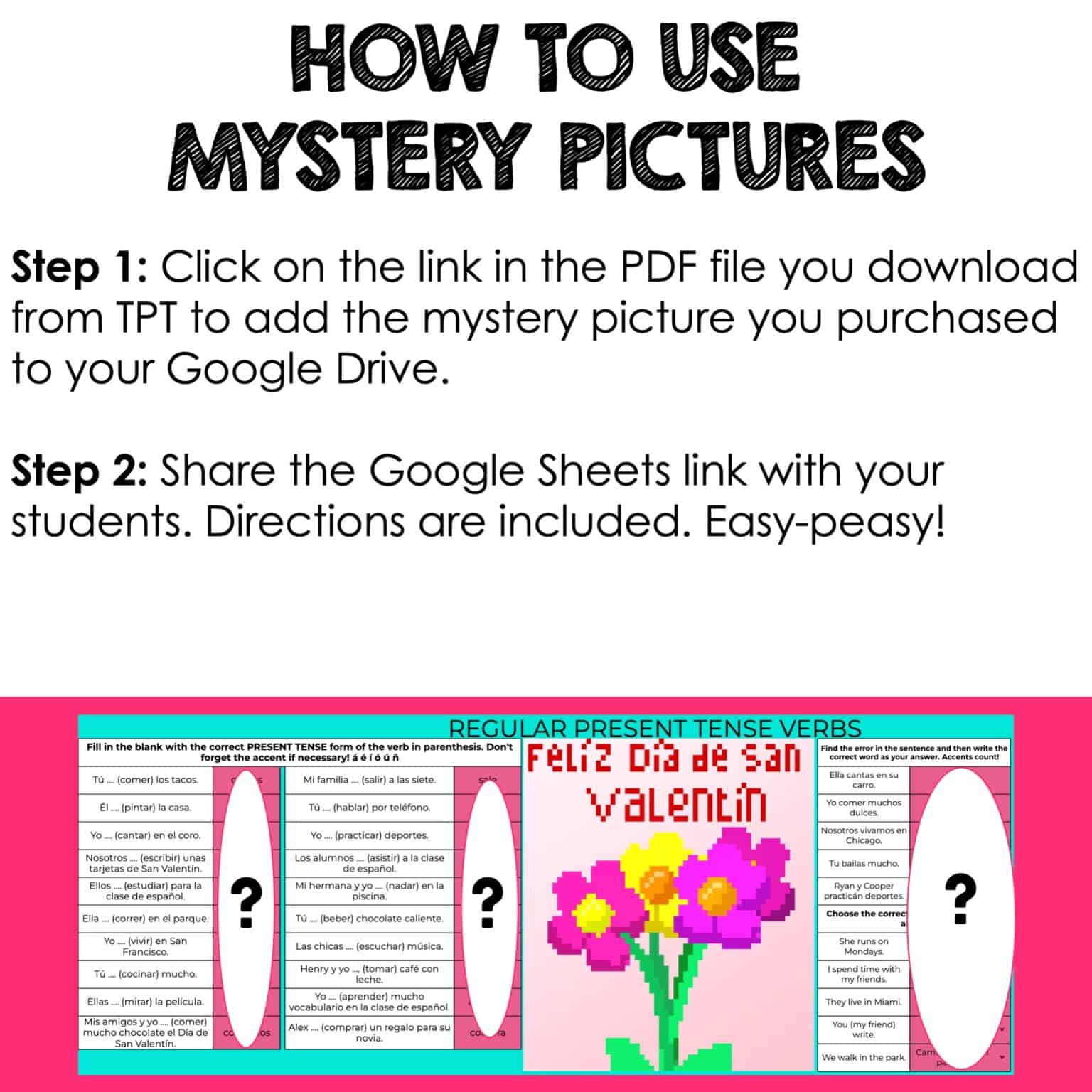 Día de San Valentín Regular Present Tense Verbs Digital Mystery Picture ...