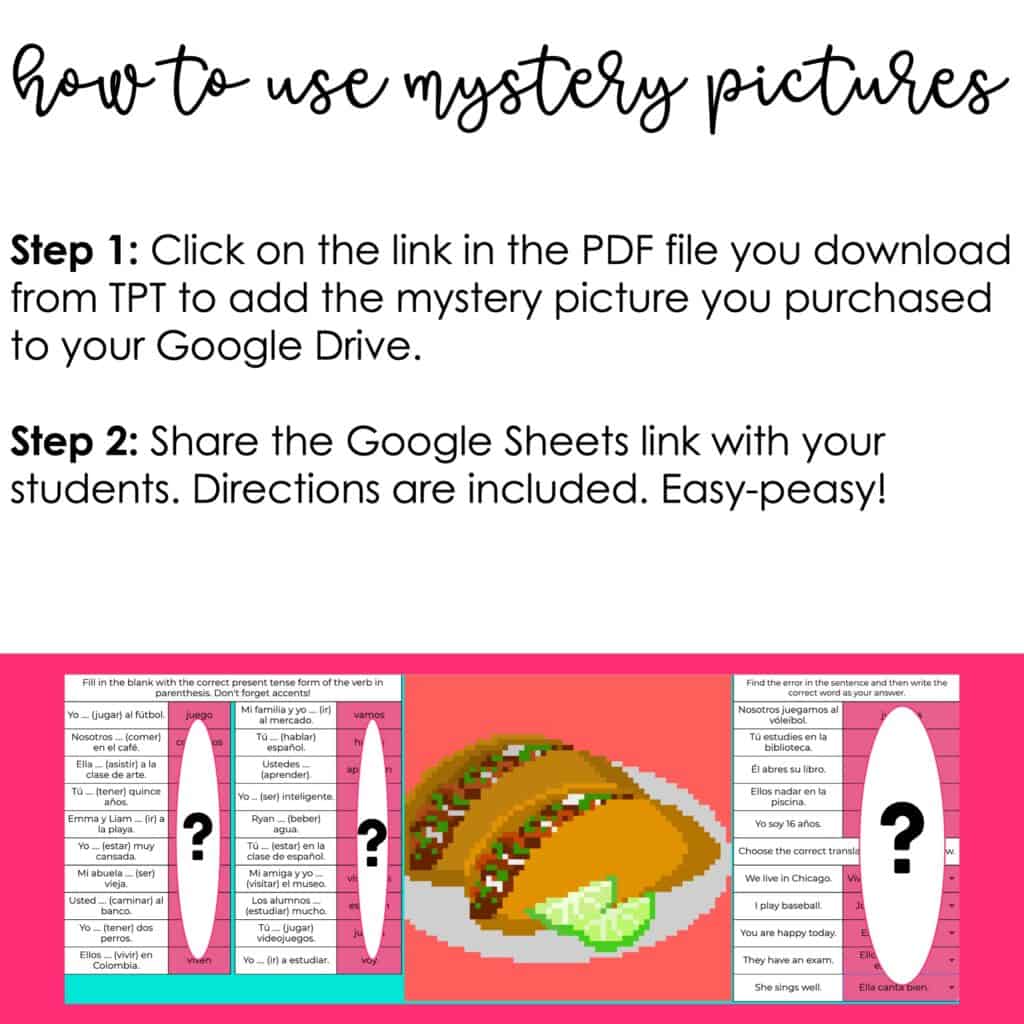 Present Tense Digital Mystery Picture - Tacos - La Profe Plotts