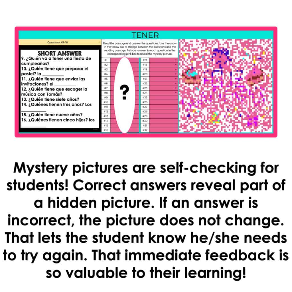 TENER Spanish Reading Comprehension Mystery Picture - La Profe Plotts