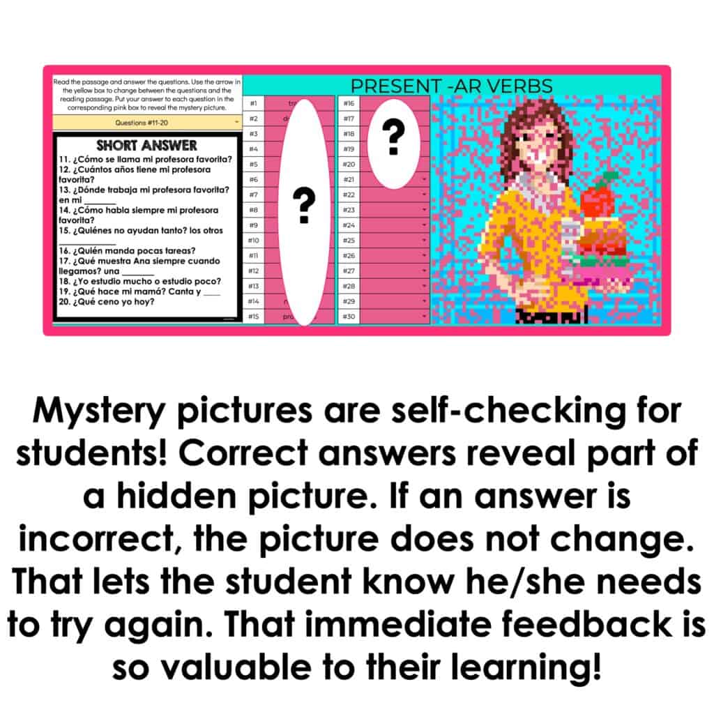 Present AR Verbs Reading Comprehension Mystery Picture - La Profe Plotts