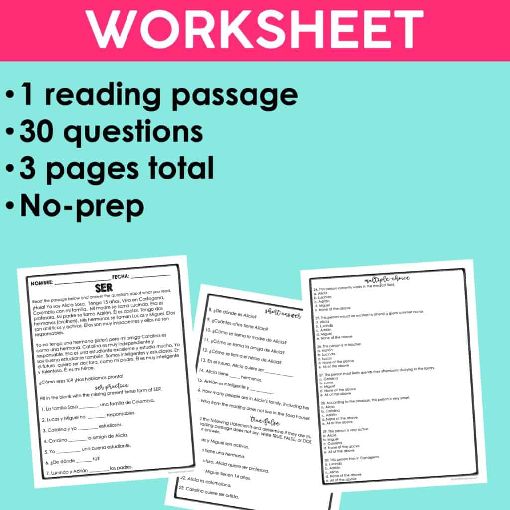 Spanish Sub Plans | SER Reading Comprehension Activities - La Profe Plotts
