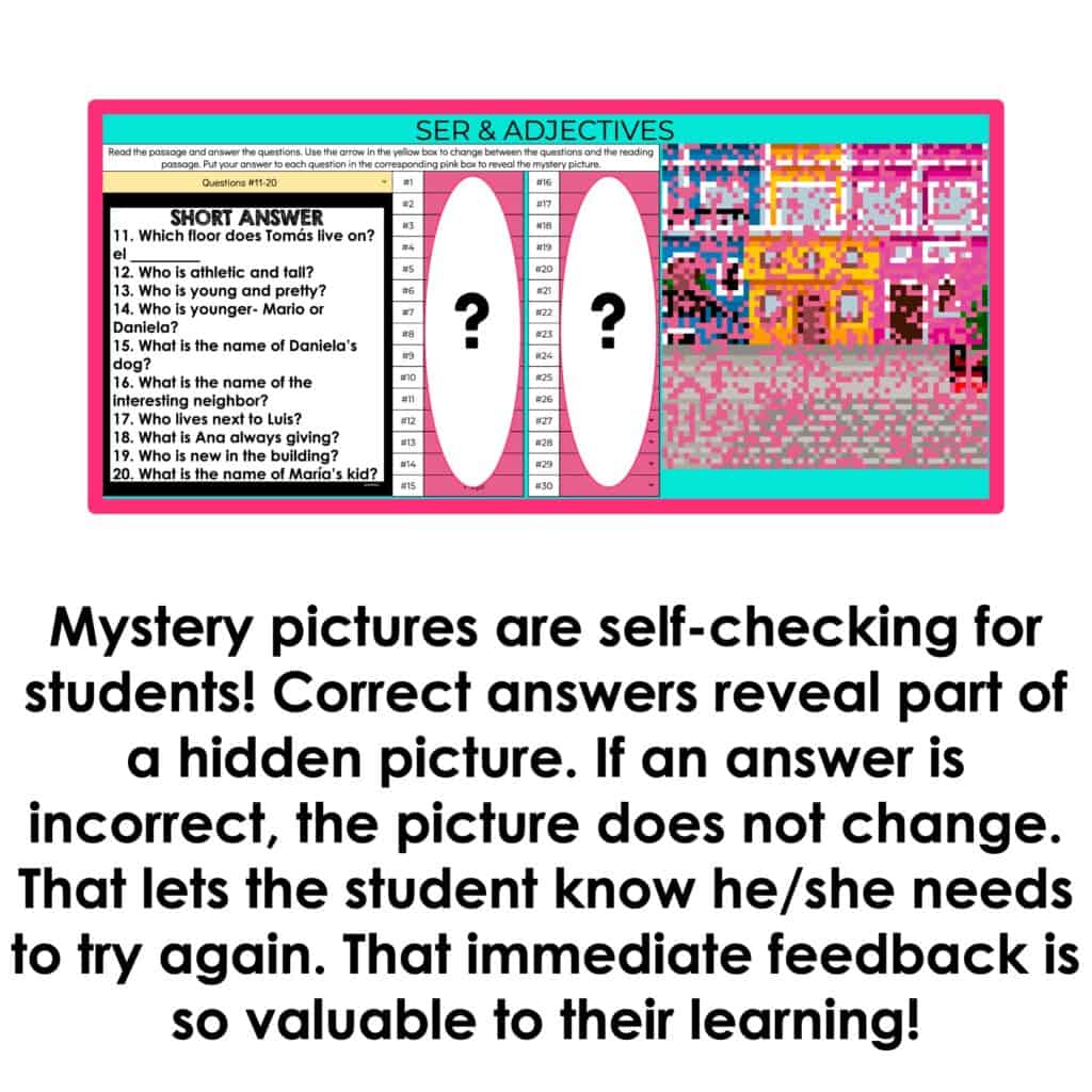 SER and Adjectives Reading Comprehension Mystery Picture - La Profe Plotts