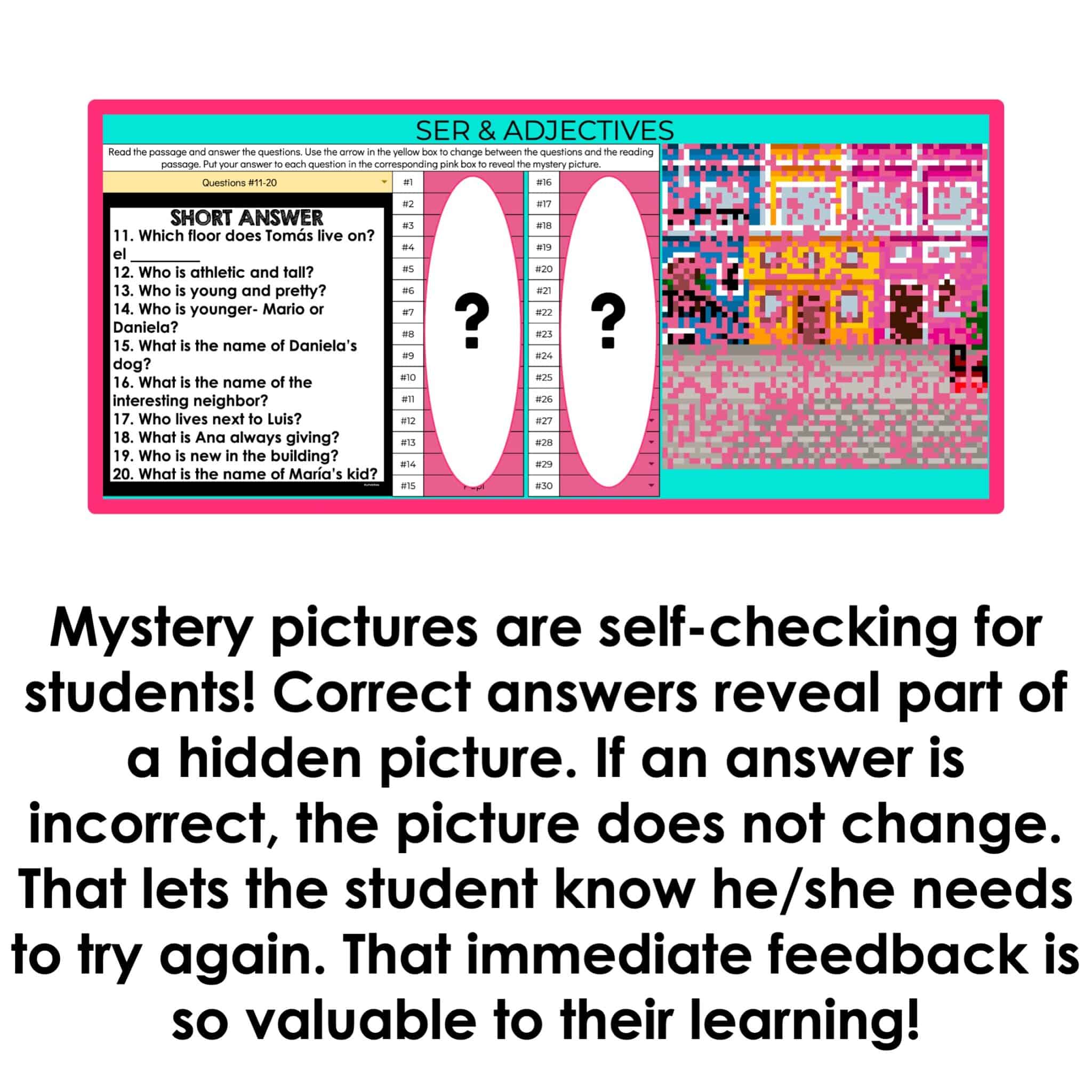 SER and Adjectives Reading Comprehension Mystery Picture - La Profe Plotts