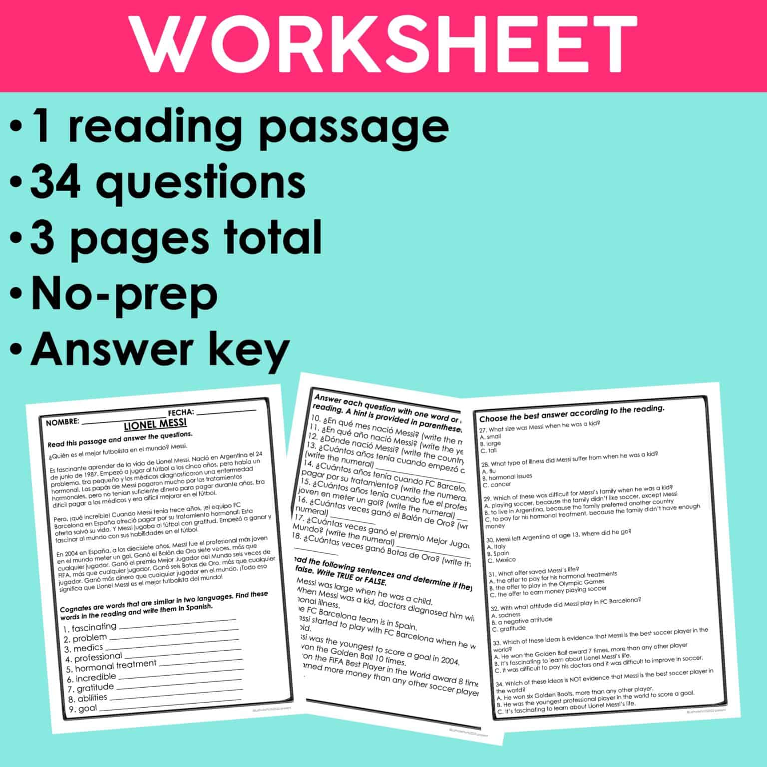 Spanish Sub Plans - Lionel Messi Reading Activities - La Profe Plotts