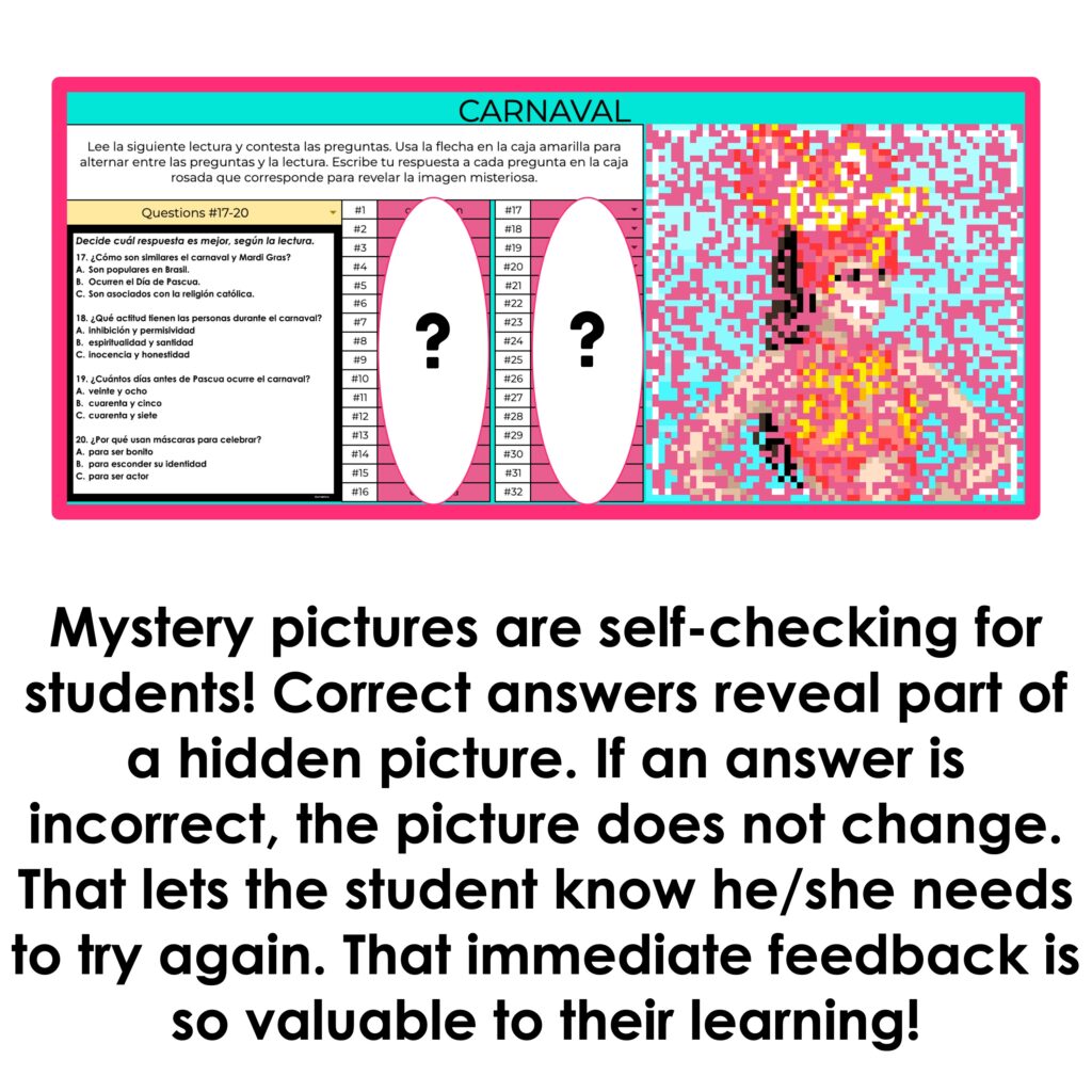 Carnaval Reading Comprehension Mystery Picture - La Profe Plotts
