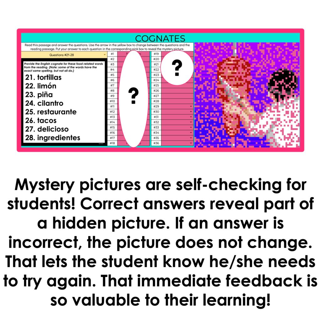 Cognates Reading Comprehension Mystery Picture - La Profe Plotts